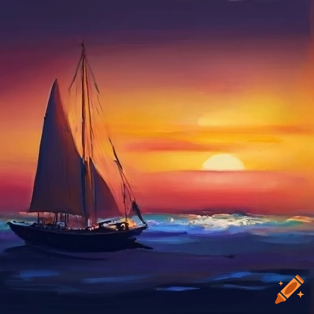 Sea and waves, sailboat, sunset in the background, sun setting, painted ...