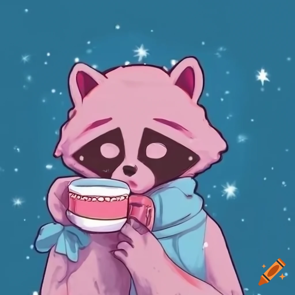 Pink raccoon with a scarf in the snow holding a mug of hot chocolate ...