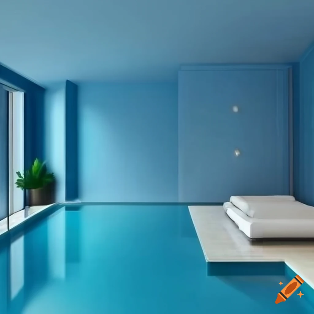 Modern indoor pool with blue walls and white furniture