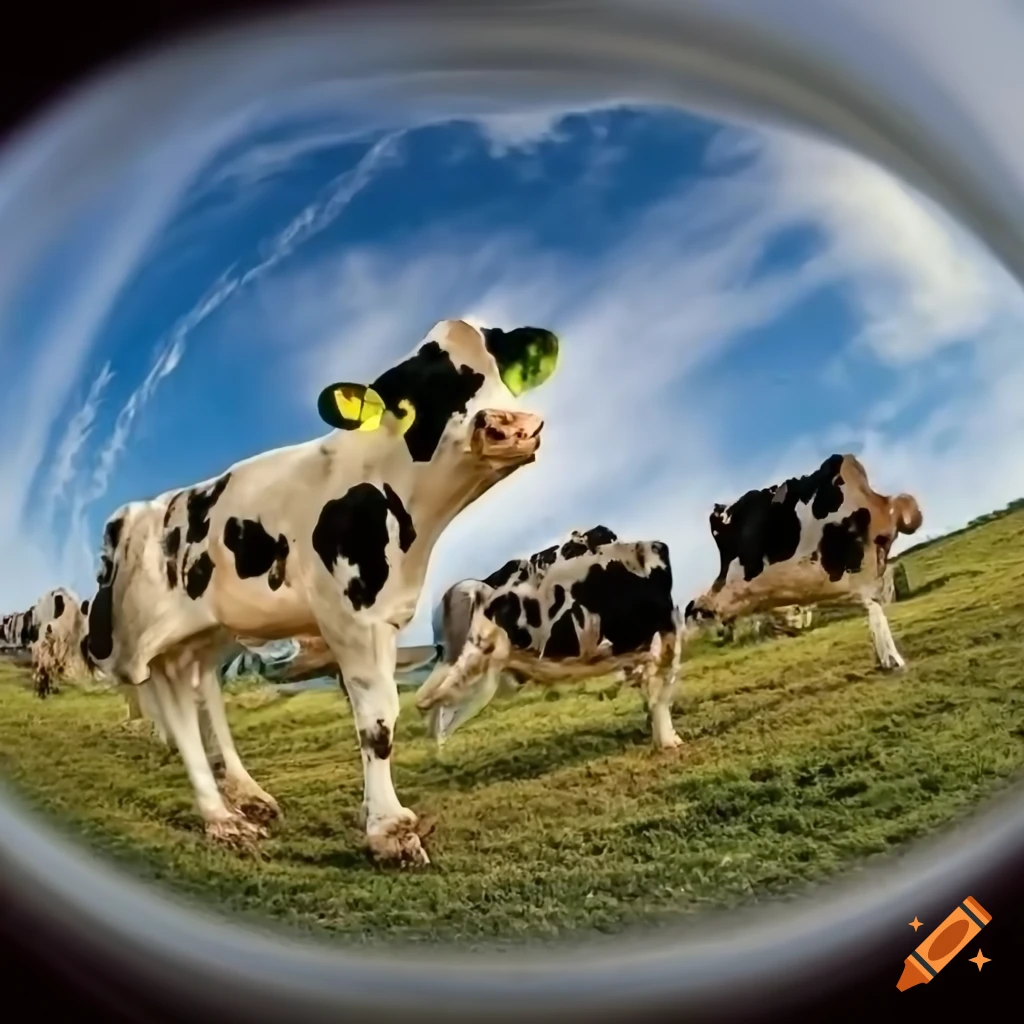 Fisheye lense, low angle, cows in a field looking up at the sky