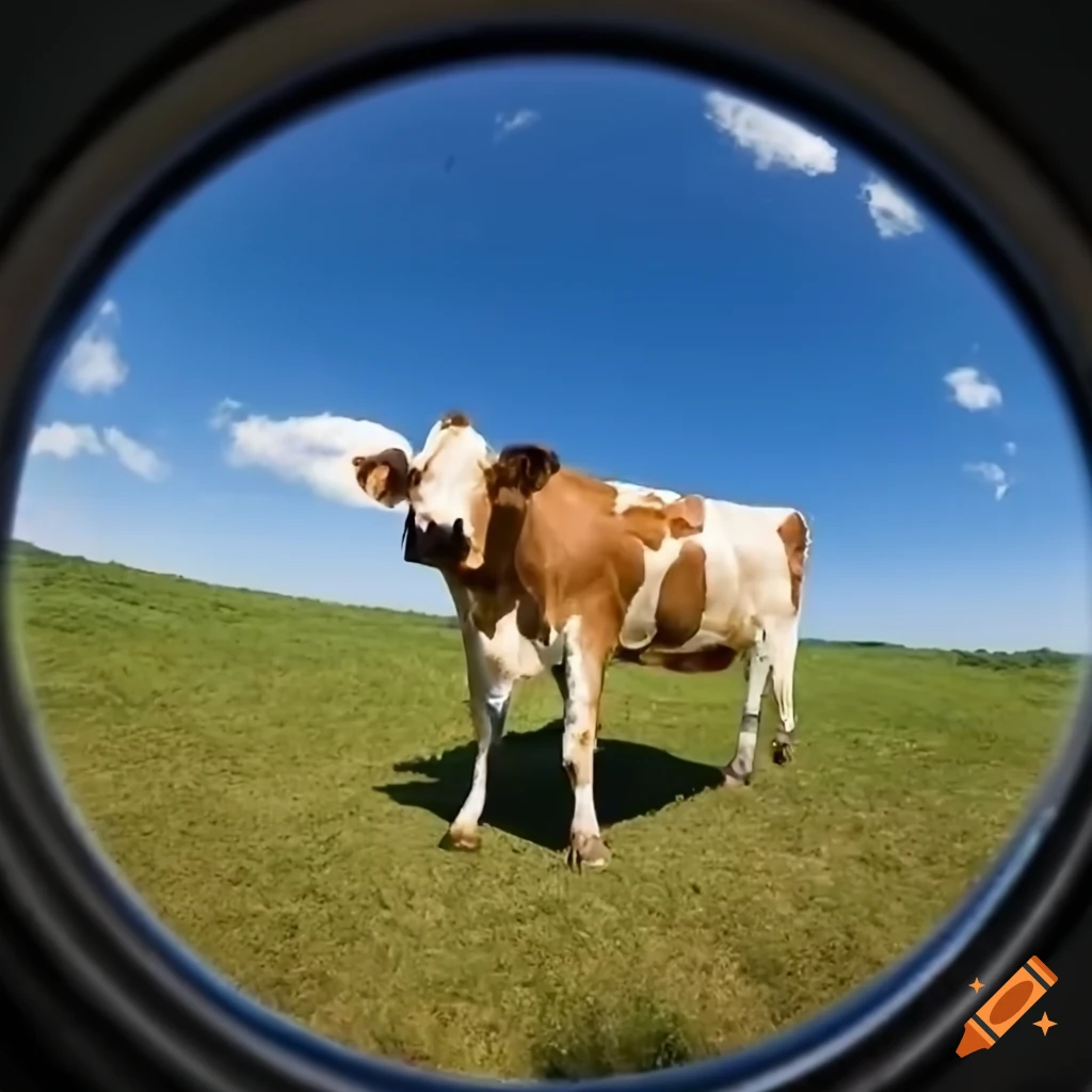 Fisheye lense, low angle, cows in a field looking up at the sky on Craiyon