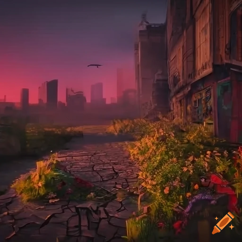 A desolate post-apocalyptic citywith radiant new plants with colorful ...