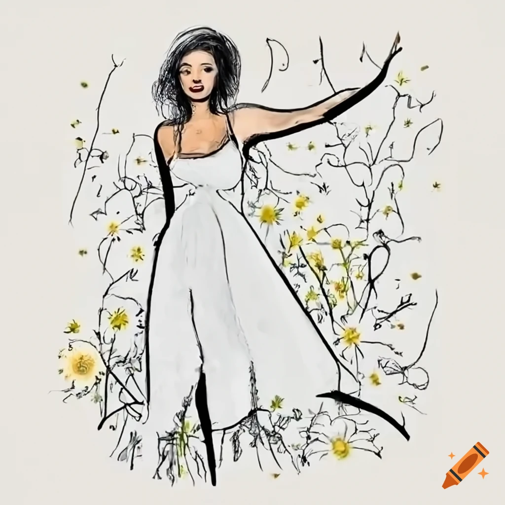 Woman twirling in white dress amidst a meadow of flowers