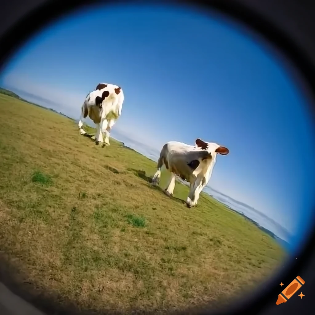 Fisheye lense, low angle, cows in a field looking up at the sky on Craiyon