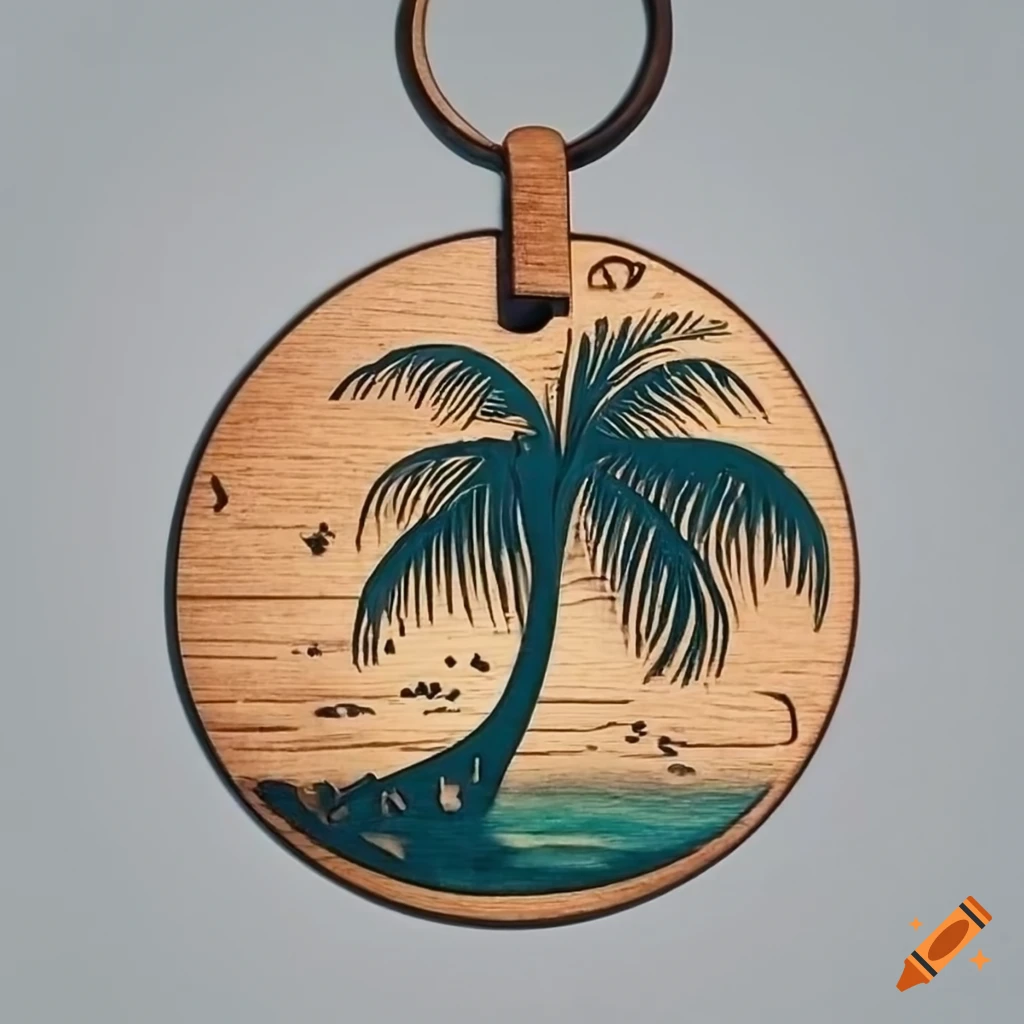 Laser-engraved wooden keychain of a tropical island scenery on Craiyon