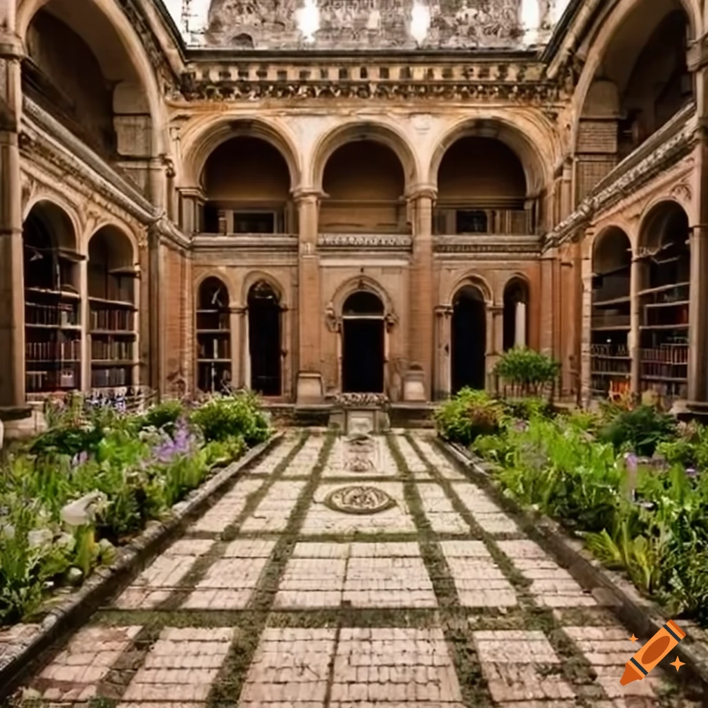 Courtyard garden in ornate, light-filled library on Craiyon
