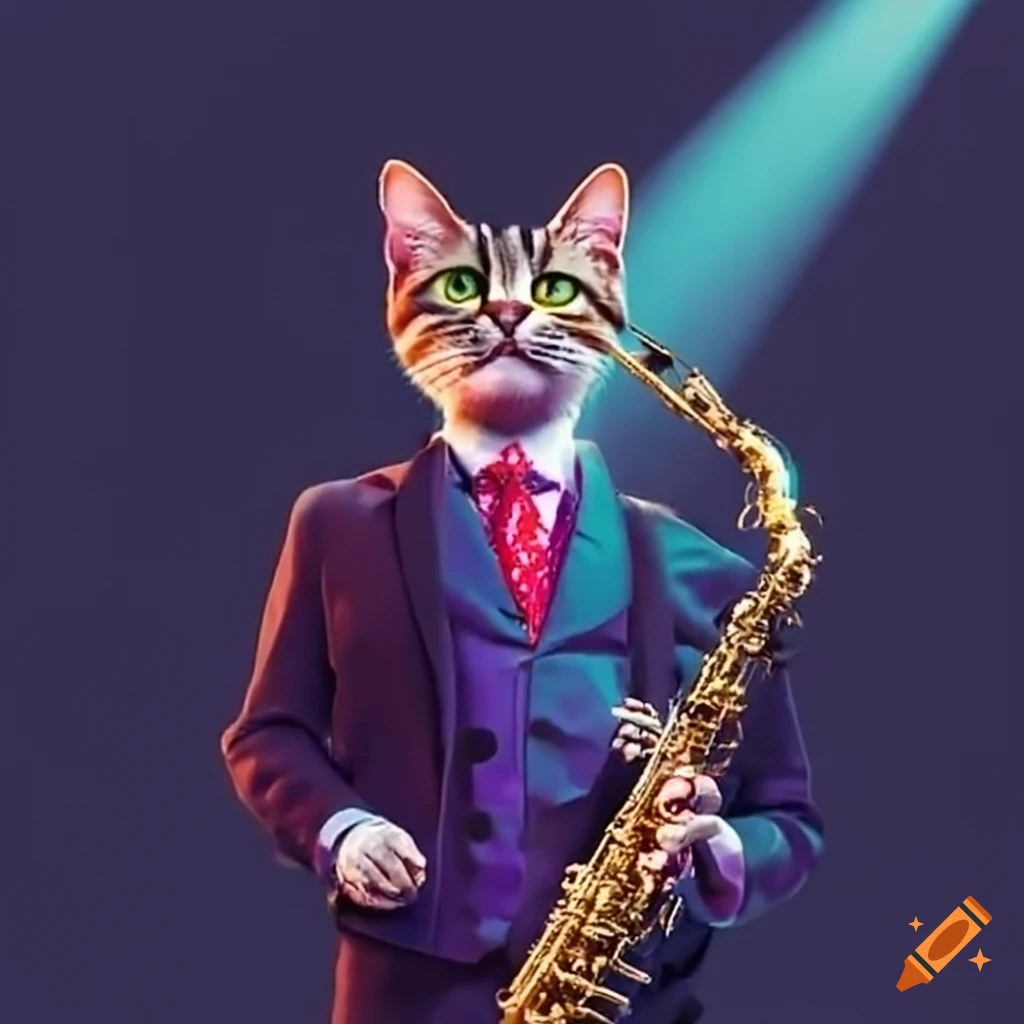 Jazz cats in suits jamming on stage with sax and piano