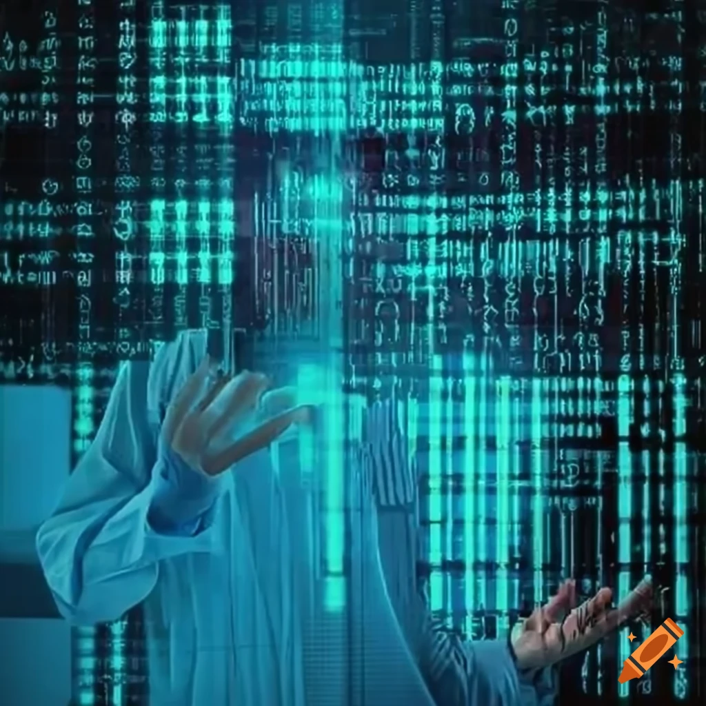 A scientist analyzing code on a computer screen on Craiyon