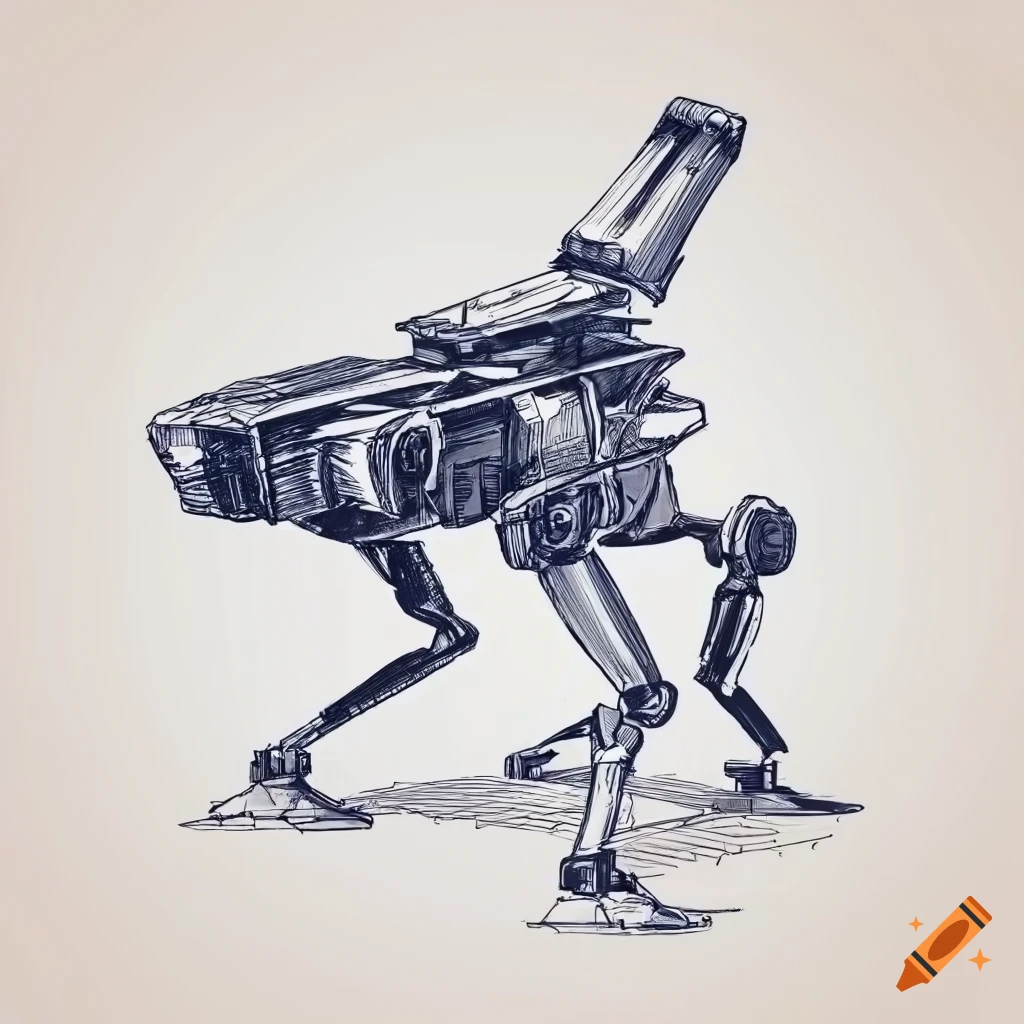 Robot quadruped, futuristic, industrial, dead on side view, blueprint ...