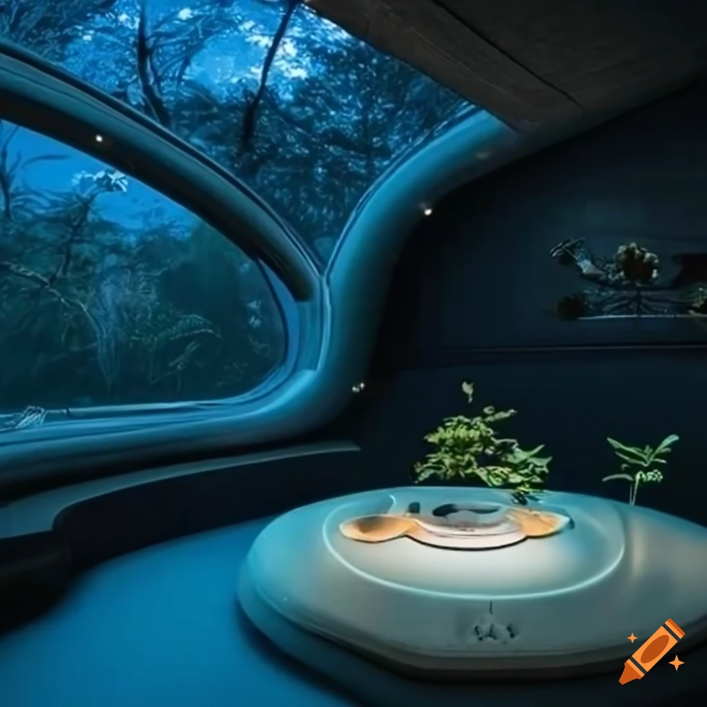 Lounge room in futuristic spaceship with bonsai plants and cute furry ...