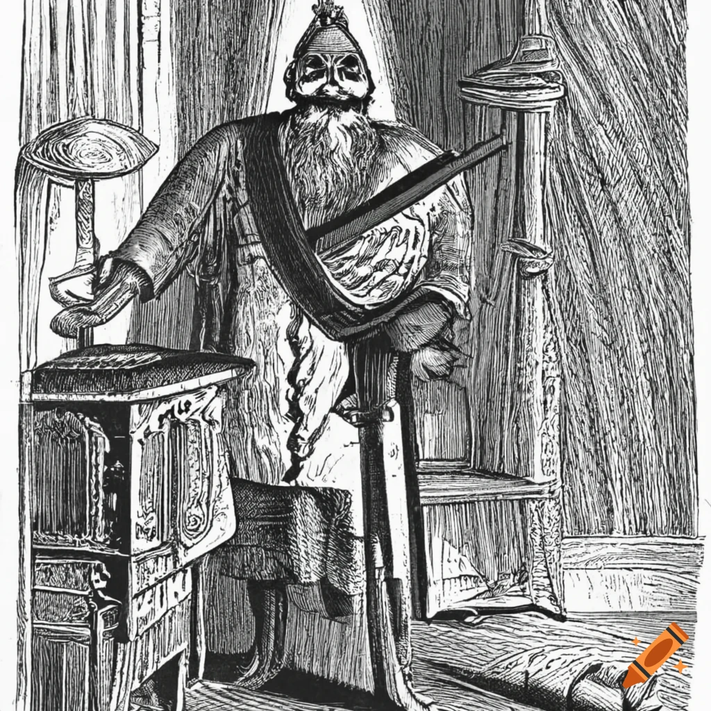 Vintage illustration of a full-length sandokan standing against a chair