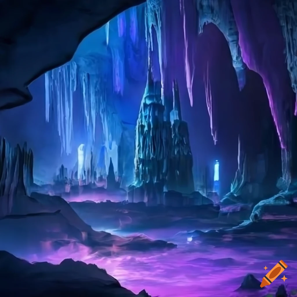 Fantasy city in a giant cavern with blue and purple lights and drow ...