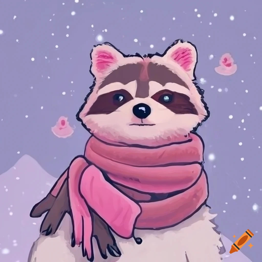 Pink raccoon with a scarf in the snow, pastel, digital art, aesthetic ...