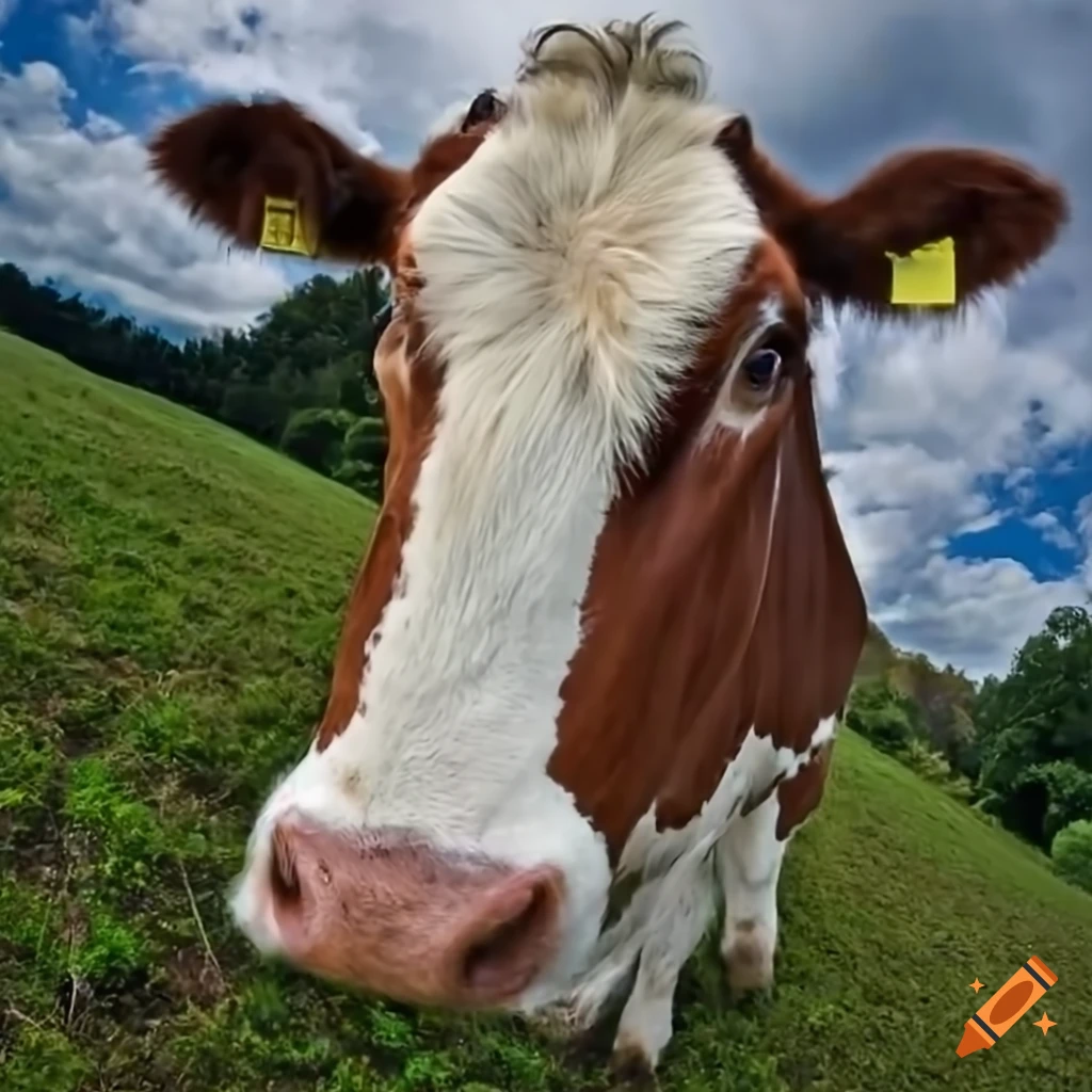 Fisheye lense, low angle, cows in a field looking up at the sky on Craiyon