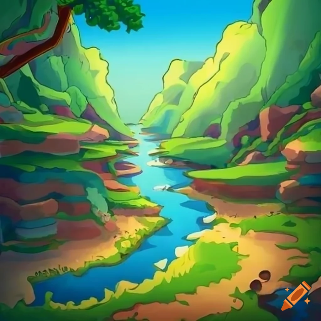 A landscape with a river pokemon style