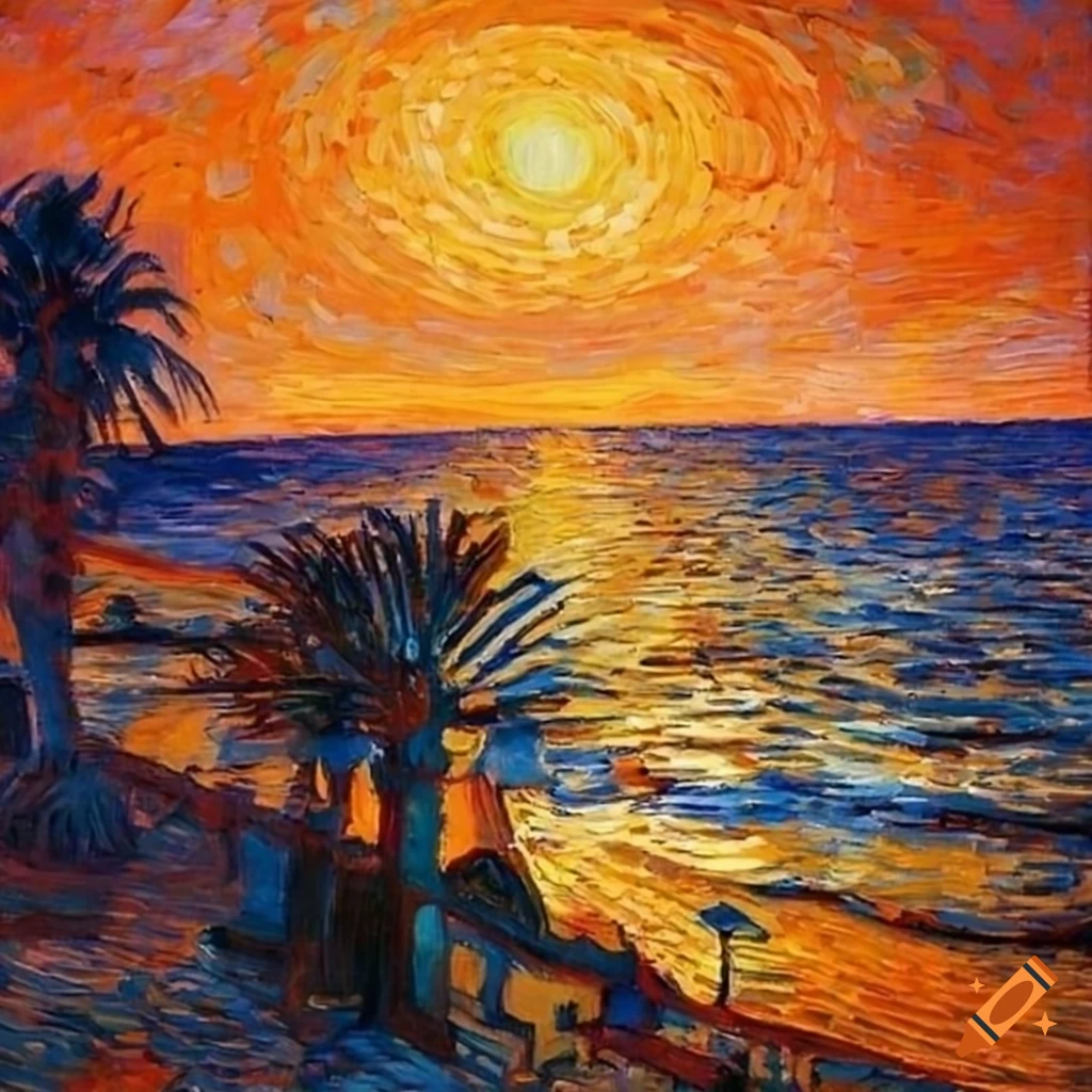 Mediterranean sunset and palm trees by van gogh