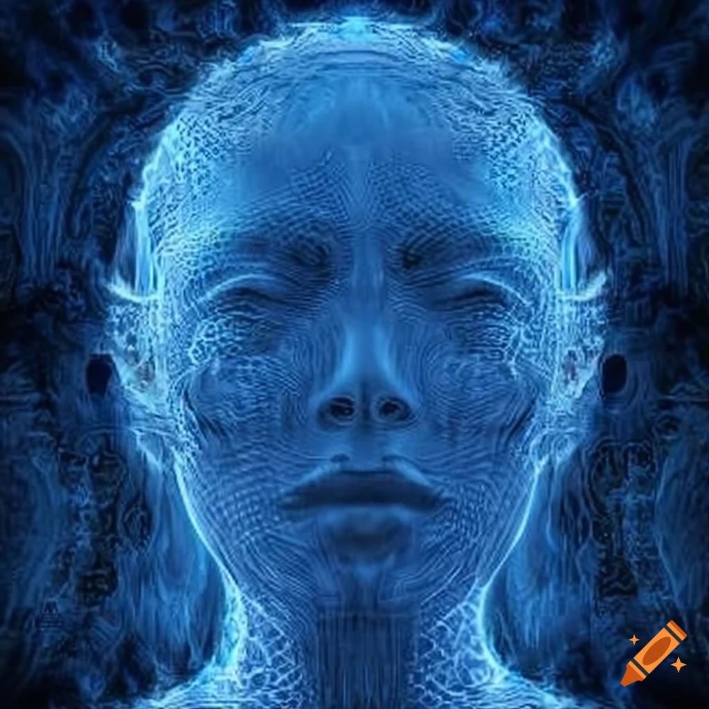 Blue and white digital lines forming a mystical figure