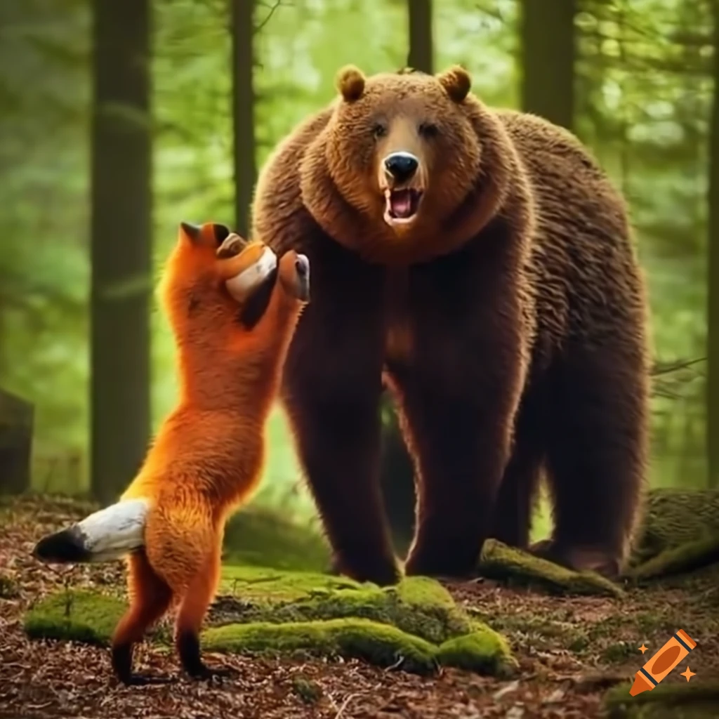 Two friends big bear and a fox in the forest on Craiyon