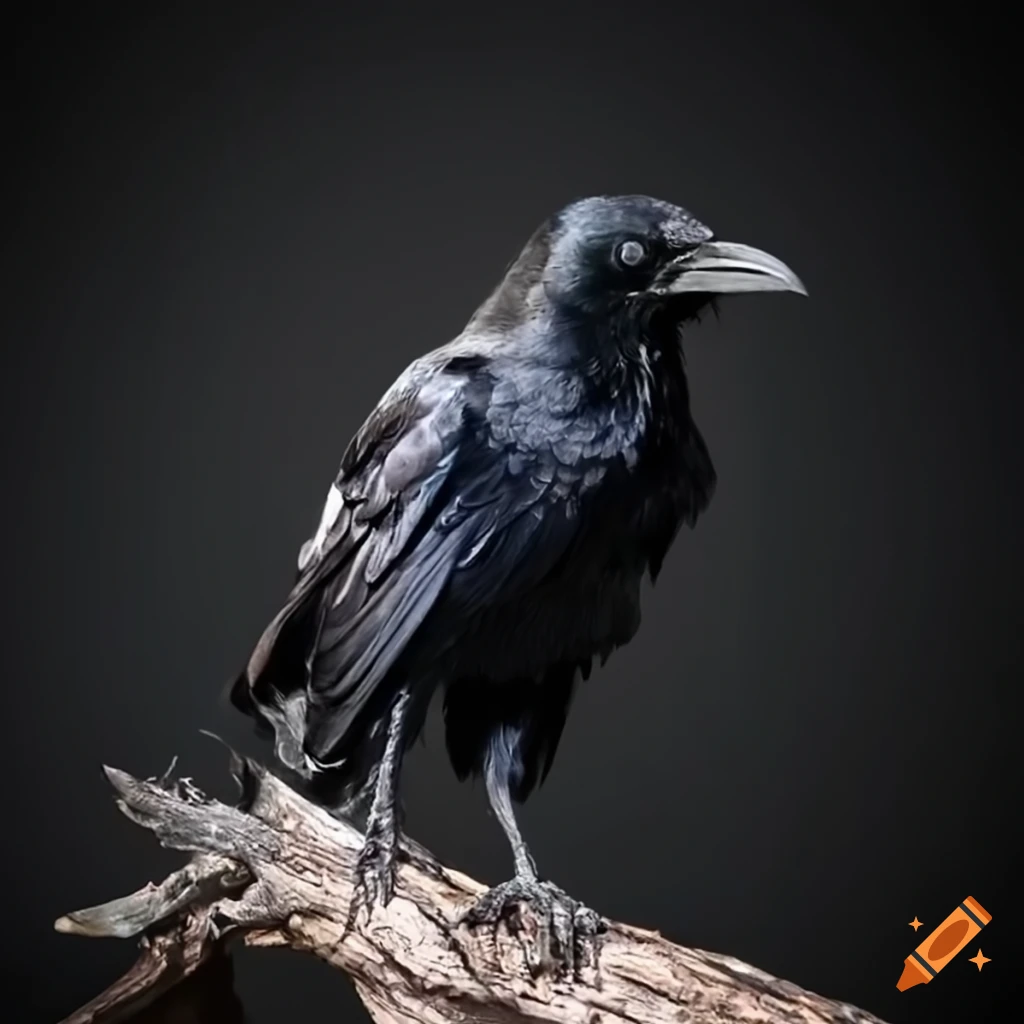An old raven sits on a dead branch on Craiyon