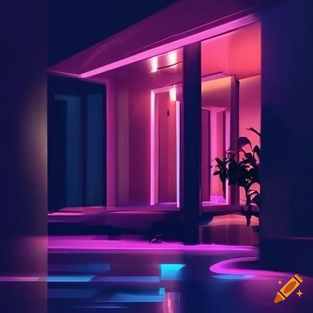 Illustrative neon lighting patio with architectural design, exterior ...