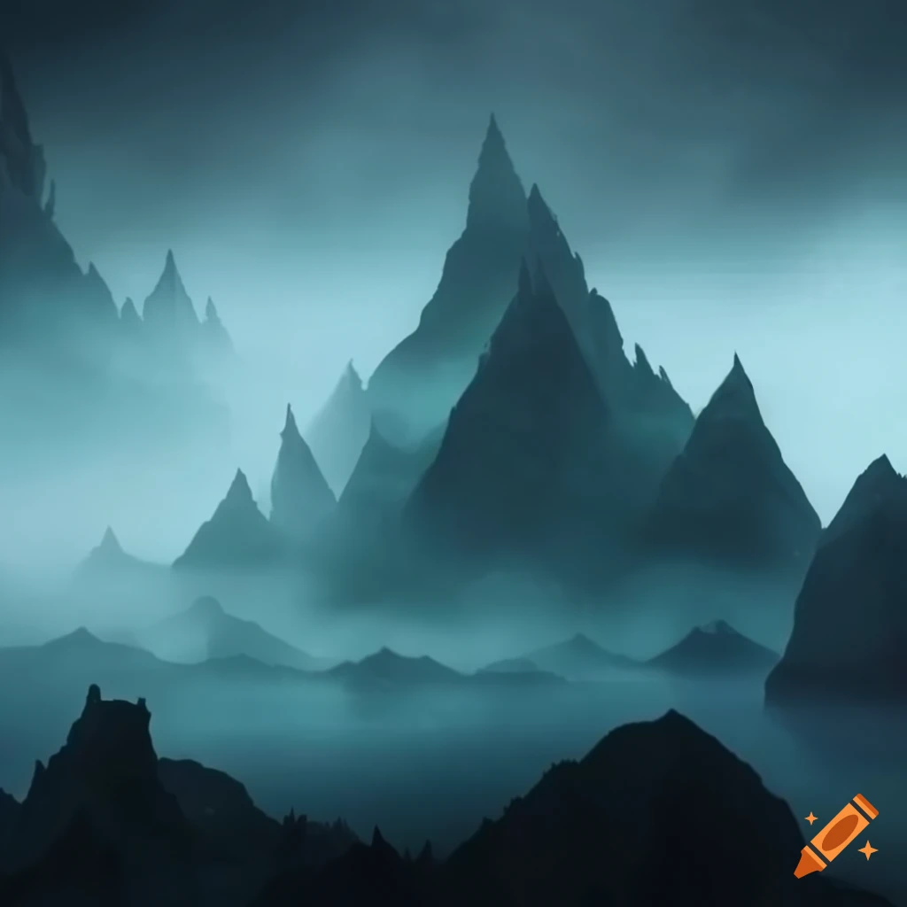 Dark fantasy terrain with mountains and mist on Craiyon