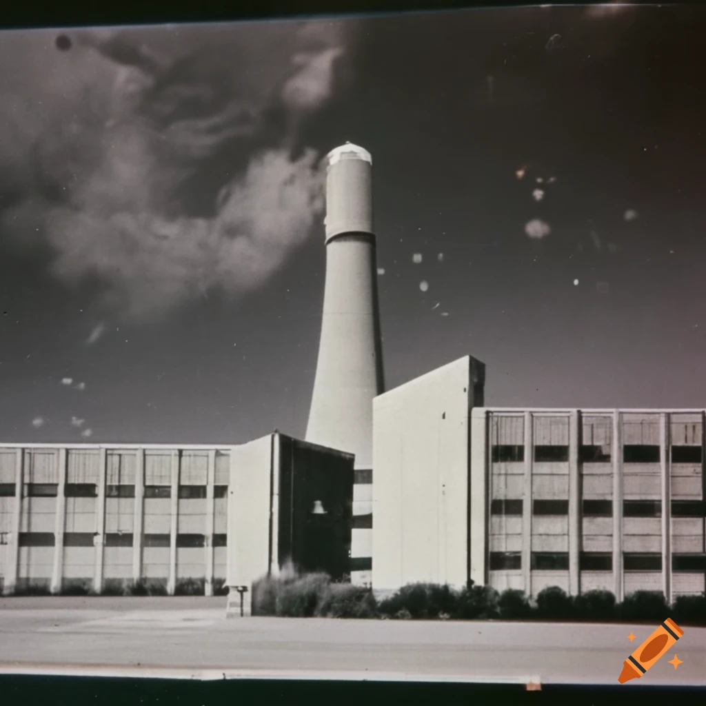 1970s black and white photograph of the exterior of a nuclear ...