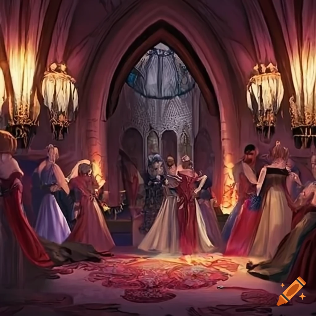Wideshot off a medieval fantasy ballroom party on Craiyon