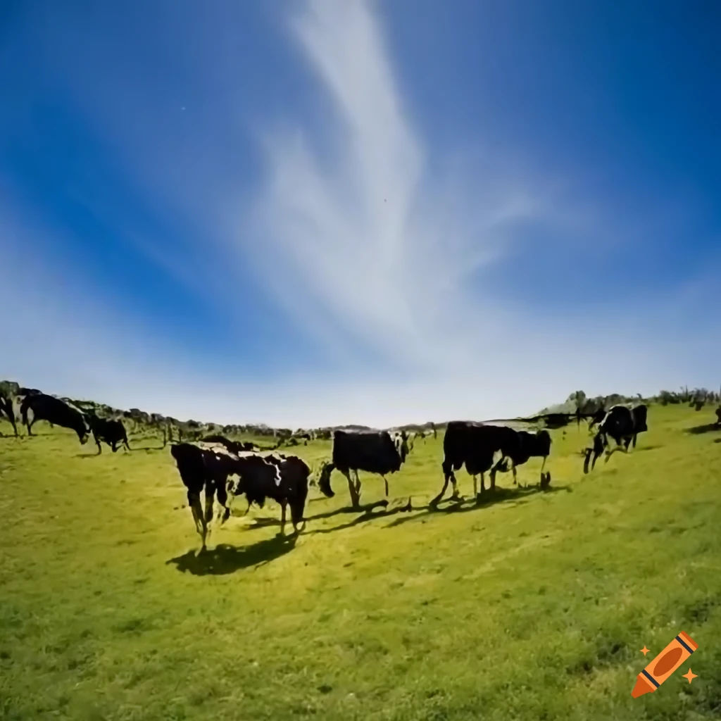 Fisheye lense, low angle, cows in a field looking up at the sky on Craiyon