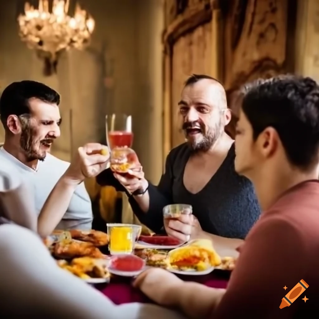 5 men eating brunch and drinking asti