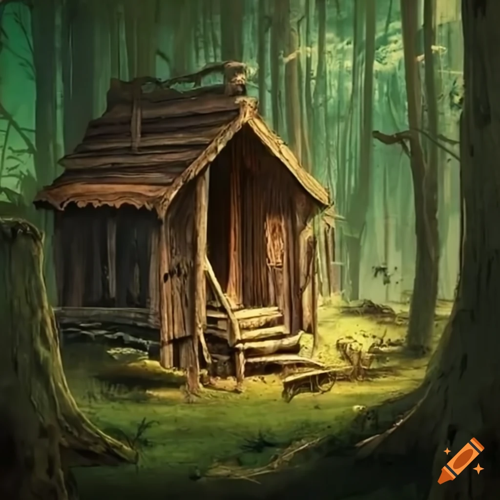 Une vieille cabane en bois dans une forêt on Craiyon