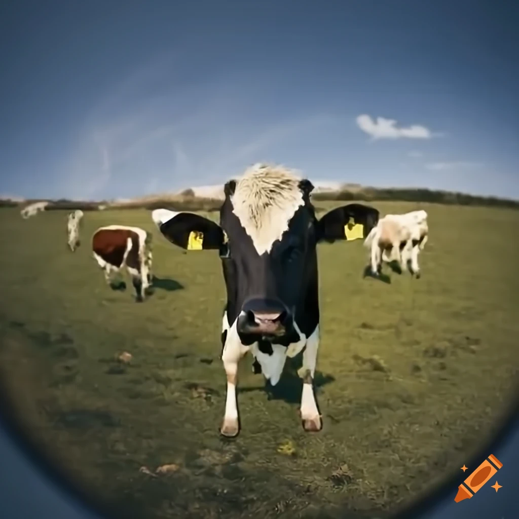 Fisheye lense, low angle, cows in a field looking up at the sky on Craiyon