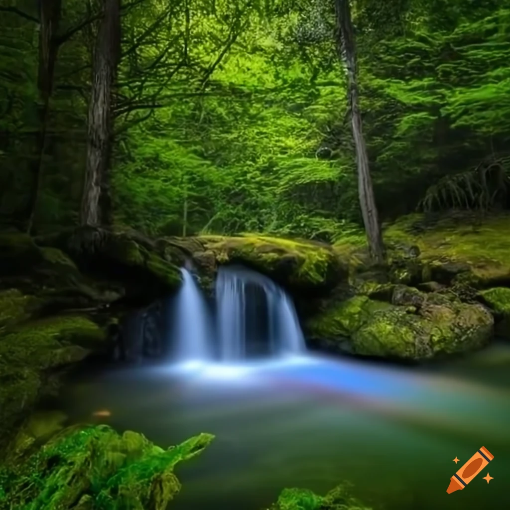Rainbow, stream, forest, waterfall