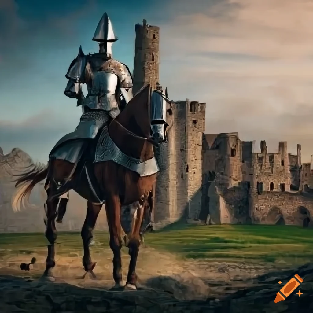 Ruins of a castle in the background, a medieval knight in armor riding ...