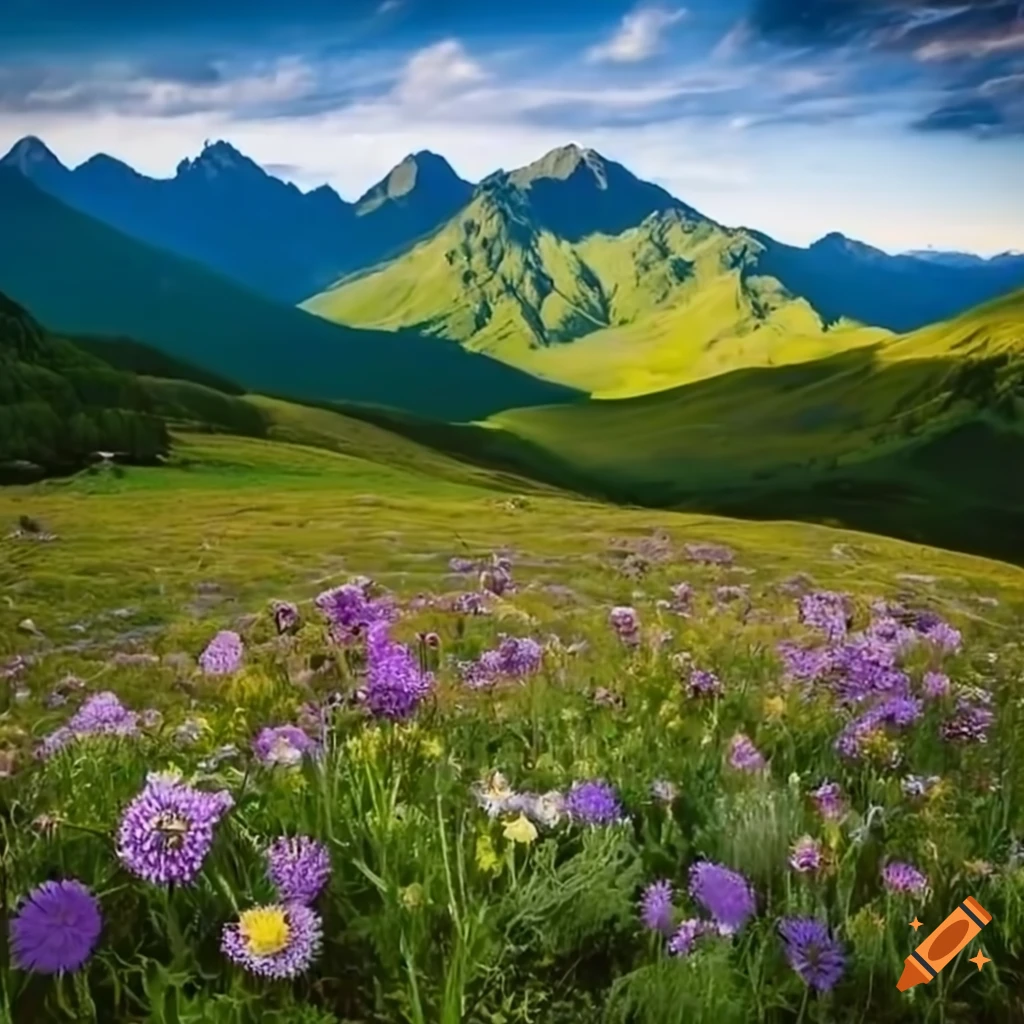 Panoramic shot of flower valley with mountain backdrop