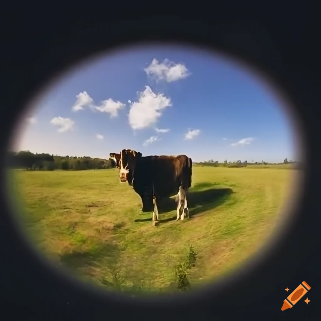 Fisheye lense, low angle, cows in a field looking up at the sky on Craiyon