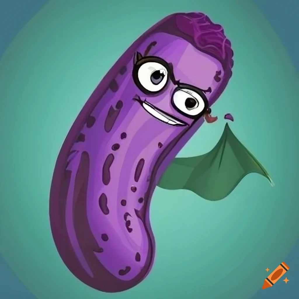 A purple cartoon cucumber with superhero costume and cape