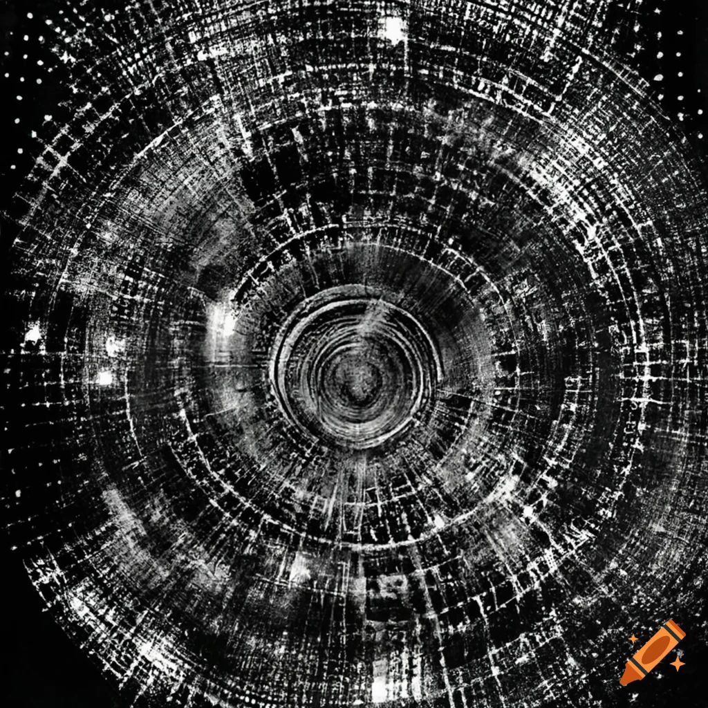 Dadaistic collage about relativity and atoms, in black and white halftone