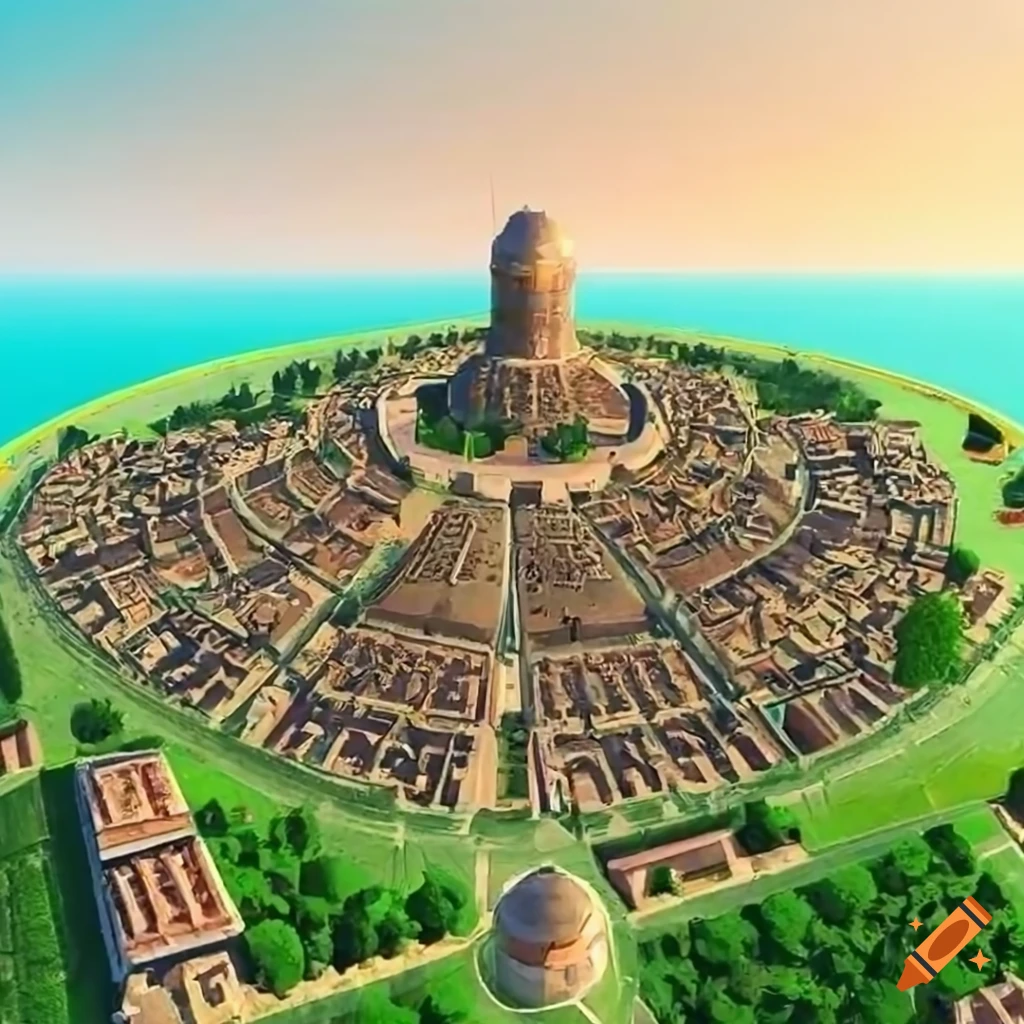 The city layout of a large sprawling roman city as seen from above ...