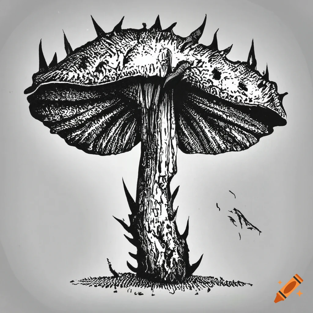 Old engraved study schema cut longitudinal thorn mushroom