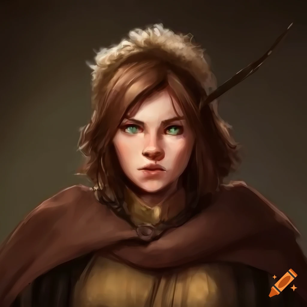 Bored dnd female ranger, poncho, bun hairstyle, brown hair, musketeer ...
