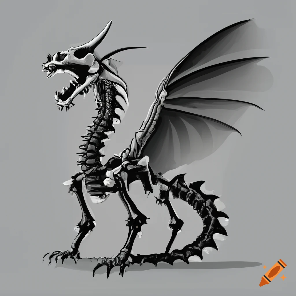 Black vector-style dragon skeleton isolated on white background