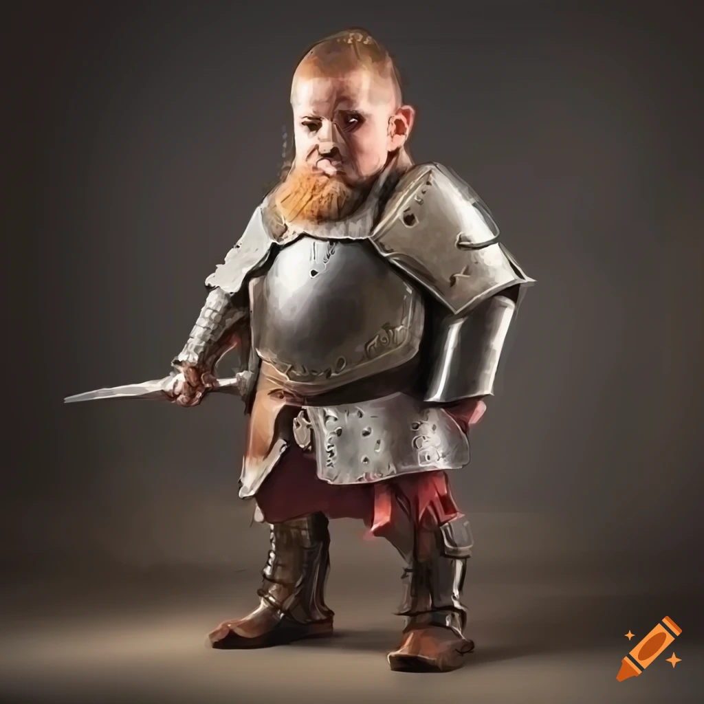 A young dwarfen warrior with plate armour and axt looking calmy on Craiyon
