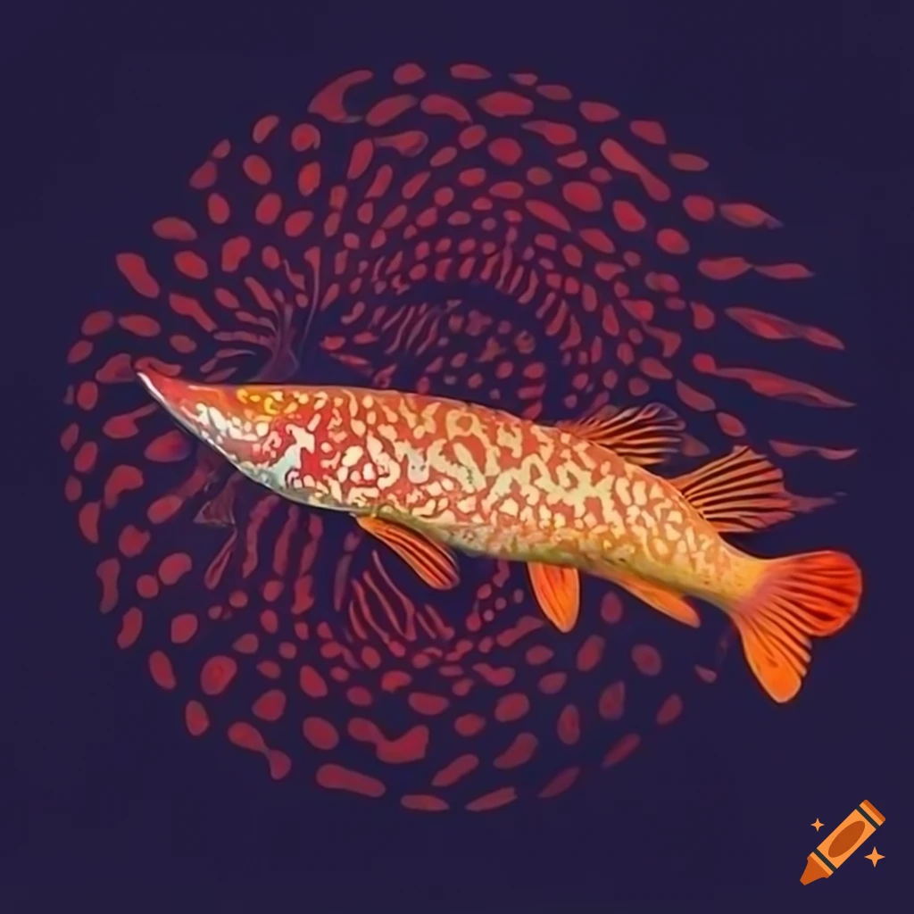 A beautifully patterned red and orange pike swimming underwater