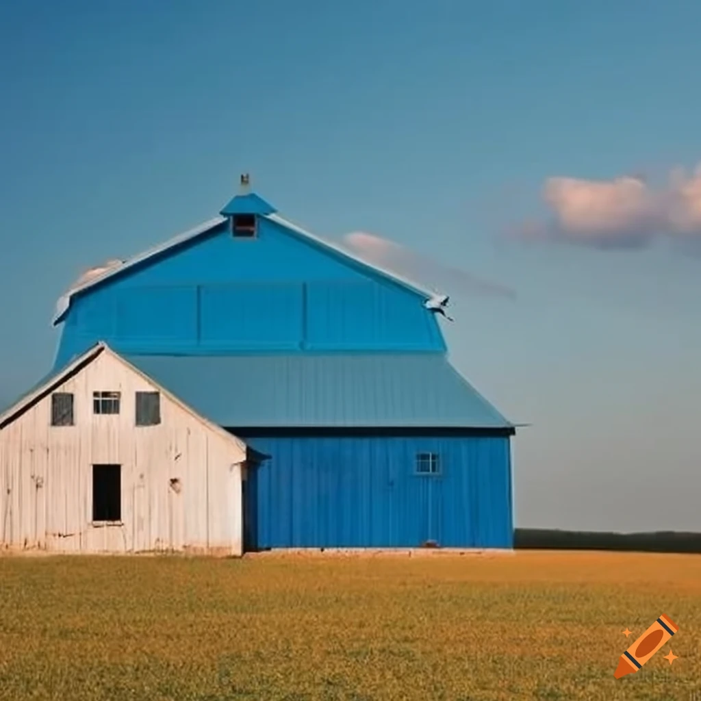 A big white barn with blue roof in the middle of a vast field
