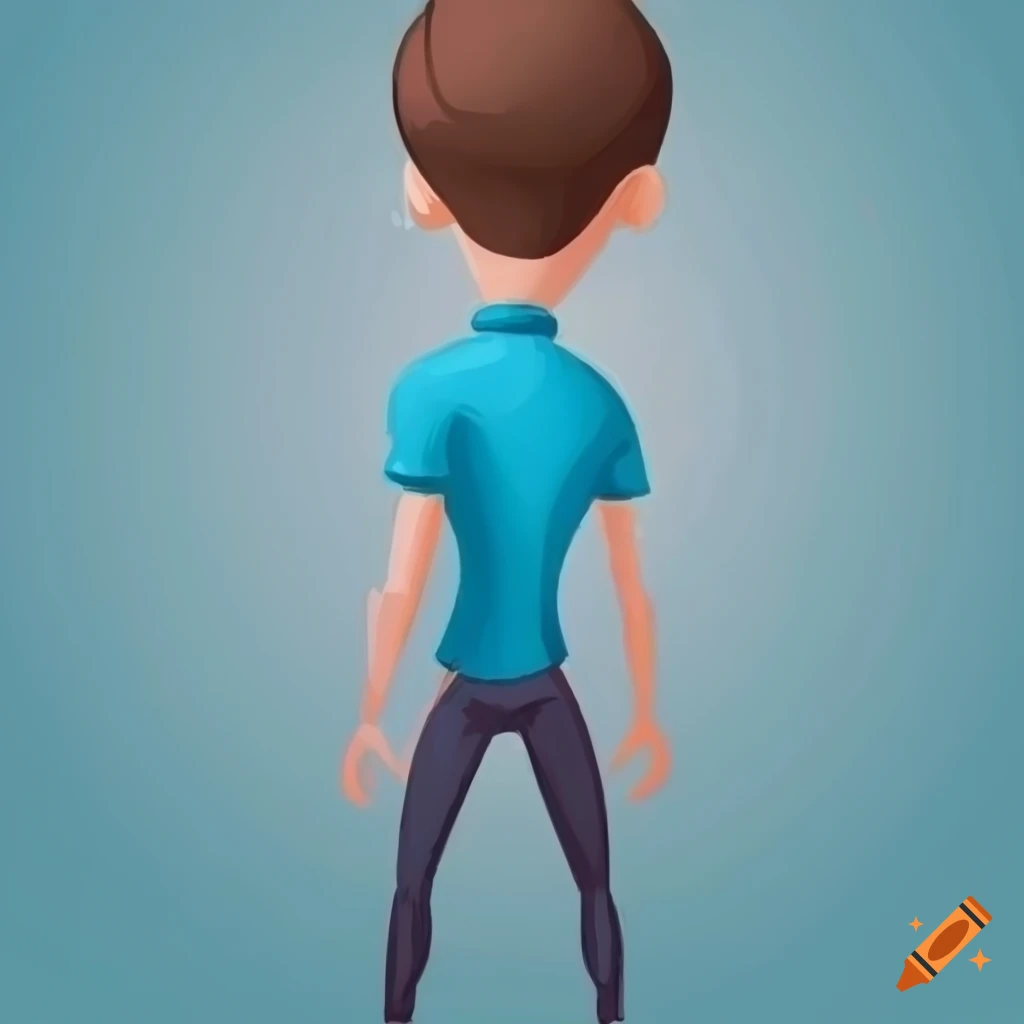 A man with a blue shirt viewed from behind -cartoon style on Craiyon