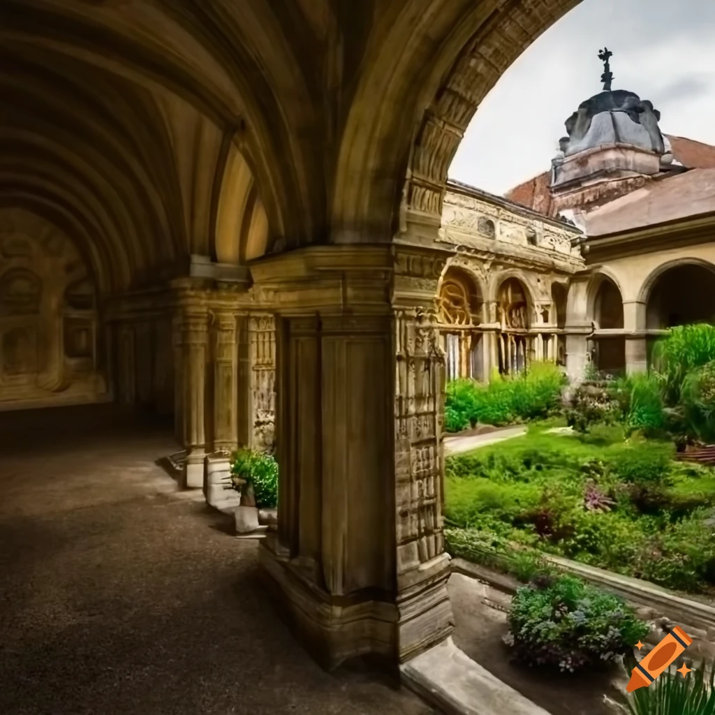 Courtyard garden in ornate, light-filled library on Craiyon