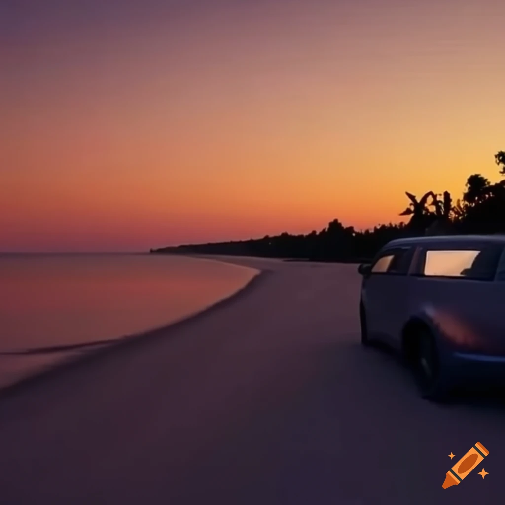 Romantic evening drive by the beach with a silhouette on Craiyon