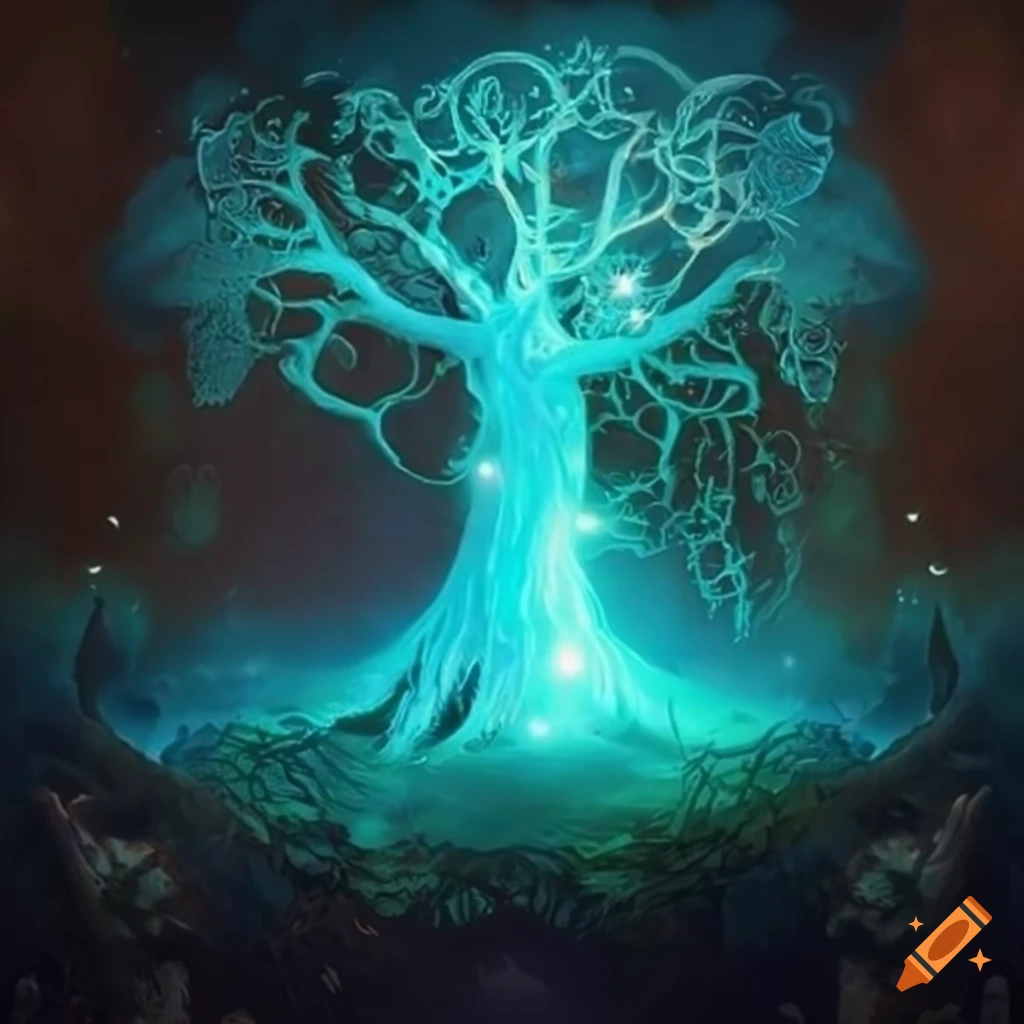 A mystical forest, glowing tree with ancient runes, emanating ...