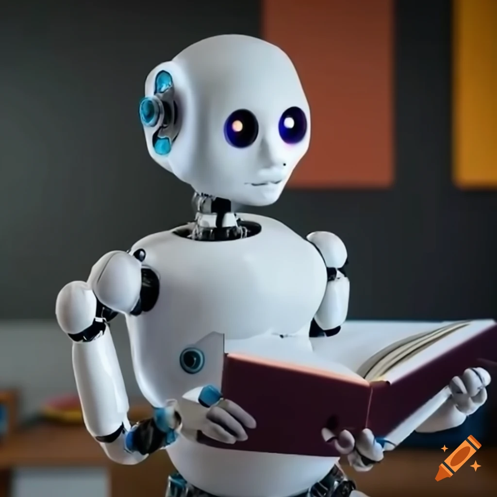 An realistic image of a robot with a book in its hands in a classroom ...