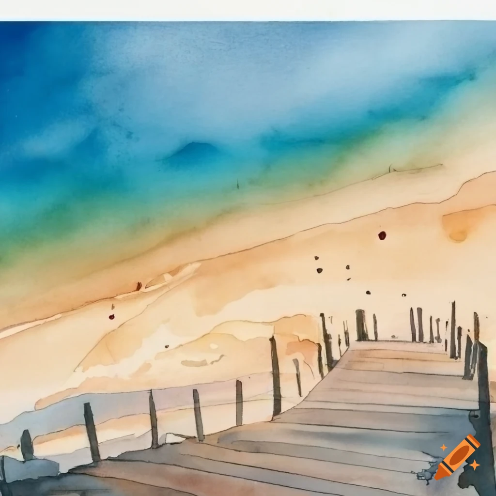 A beach with a wooden pier seen from the sky, bird eye vue, aquarelle ...